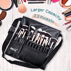MSQ 23 Pockets Professional Cosmetic Makeup Brush Bag with Adjustable Artist Belt Strap Multi Pockets PU Leather Portable Cosmetic Brush Holder Organizer (Brush Not Included)
