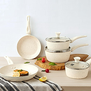 KOCH SYSTEME CS Nonstick Frying Pan 8 Inch White, Omelette Pan with Stay-cool Bakelite Handle, Toxin-Free Marble Coating Aluminum Pan for Healthy Cooking, All Stoves Compatible, Easy to Clean