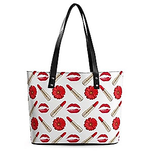 Womens Handbag Red Lipstick And Flowers Leather Tote Bag Top Handle Satchel Bags For Lady