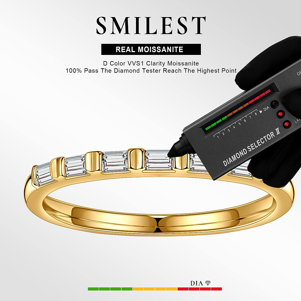 SMILEST 7 Stone Moissanite Rings for Women, 2mm D Color VVS1 Clarity Lab Created Diamond Rings 18K Yellow Gold Plated 925 Sterling Silver Bar Setting Moissanite Stackable Rings for Women Promise Ring