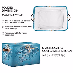 Gougeta Foldable Storage Basket with Handle, Nautical Ocean Mermaid and Dolphin Rectangular Canvas Organizer Bins for Home Office Closet Clothes Toys 2 Pack