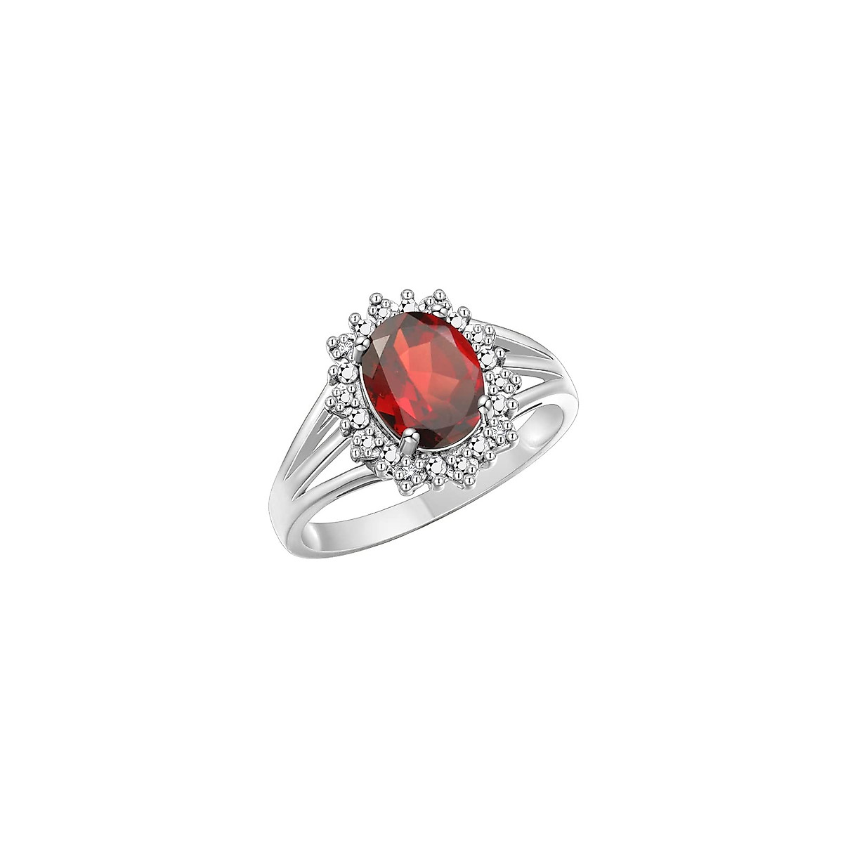 Diamond & Garnet Ring Set In Sterling Silver .925 Halo Princess Diana Inspired Designer Stylish Size 7.25
