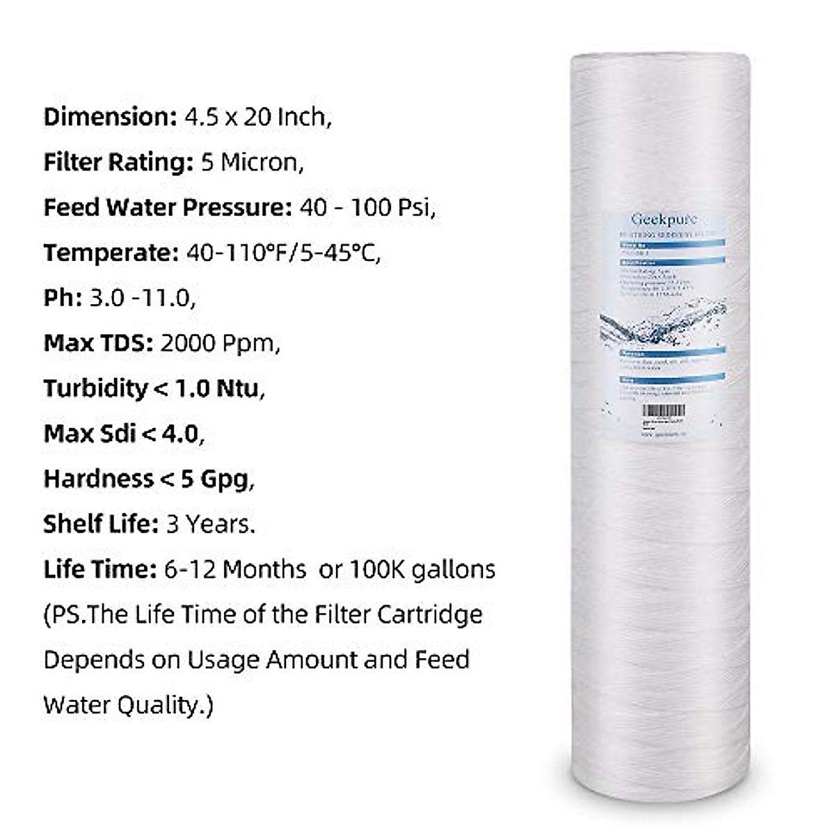 Geekpure Whole House String Wound PP Sediment Replacement Filter Cartridge-4.5" x 20"-5 Micron- Pack 4