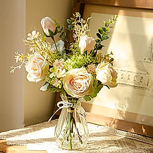 PERFNIQUE Faux Flowers with Vase, Artificial Silk Roses in Vase, Fake Eucalyptus Plant Bouquet, Floral Arrangements for Living Room, Dining Table Centerpiece, Coffee Table Decor (Peach Pink)