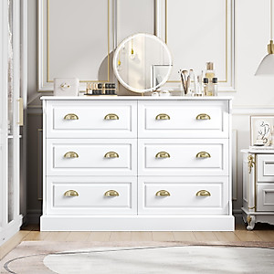 FACBOTALL 6 Drawer Dresser,White Dresser for Bedroom,Dressers with Drawers, Dressers Chest of Drawer with Gold Handle for Living Room,Closet,Corridor,Bedchamber