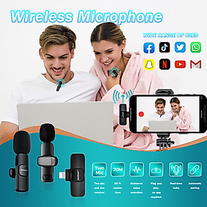 JIUOKAY 2 Pack Wireless lavalier Microphone for iPhone iPad, Tab Phones, iPhone Microphone for Video Recording Interview Podcast Vlog Zoom Facebook TikTok (Black-iPhone)