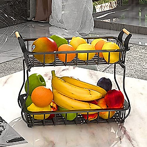 2 Tier Fruit Storage Basket Countertop for Kitchen, Bread Vegetable Farmhouse Fruit Basket Bowl Stand Detachable Metal Wire Basket with Wooden Handle for Kitchen, Reception, Dining Table（Black）
