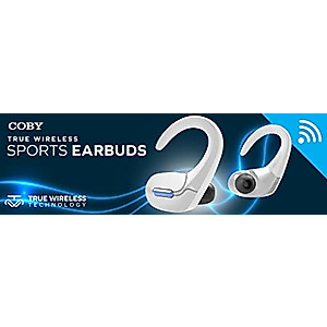 Coby True Wireless Sports Ear Buds with Over Ear Hooks | Wireless Bluetooth Earbuds | Sweatproof and Splash-Resistant | Headphones with Microphone Built-in | for Gym Sports & Running (White)