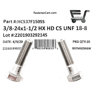 3/8-24x1-1/2 Stainless Steel Hex Cap Screws PT Hex Bolts 18-8 (UNF) FINE Thread (10 pcs)