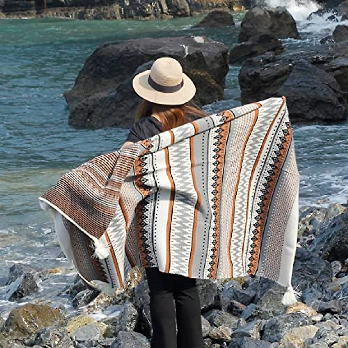 BlossoME Knit Blanket Throws 50”*66” Brown/All Season Boho Throws/Decorative Blanket Throws for Beds, Chairs, Sofas, Couch/Brown Thermal Throw Blankets for Gifts, Beige