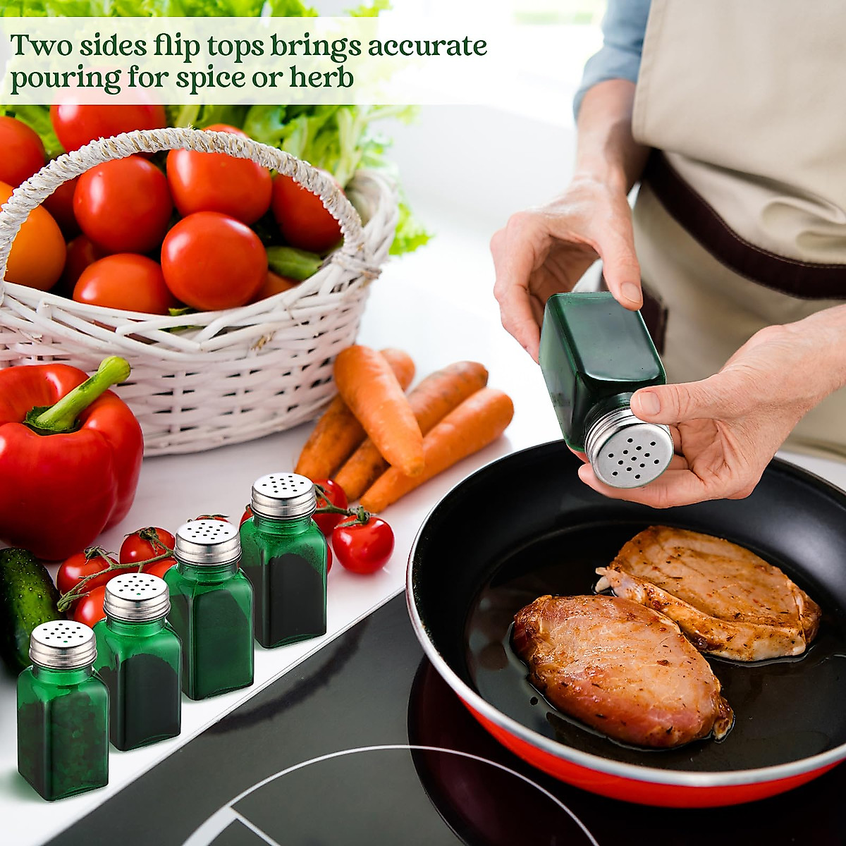 Hushee 40 Pcs Retro Style Salt and Pepper Shakers Bulk Set 2 oz Clear Glass Salt Shaker with Stainless Steel Lids for Kitchen Counter Table Restaurant Hold Various Condiments(Green)