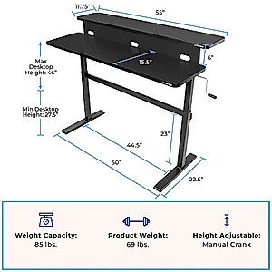 Stand Steady Tranzendesk | 55 Inch Dual Level Standing Desk with Shelf | Easy Crank Height Adjustable Sit to Stand Desk | Stand Up Workstation with Monitor Riser for Home & Office (55in / Black)