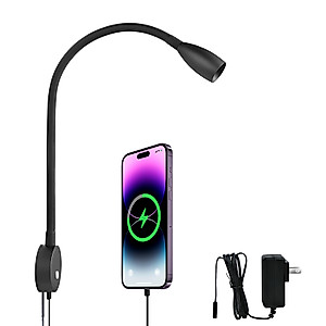 acegoo Bedside LED Reading Light Flexible Gooseneck Wall Lamp with USB Charger, Headboard Wall Surface Mount Dimmable Book Light, with Plug-in Power Adapter (Black Finish)