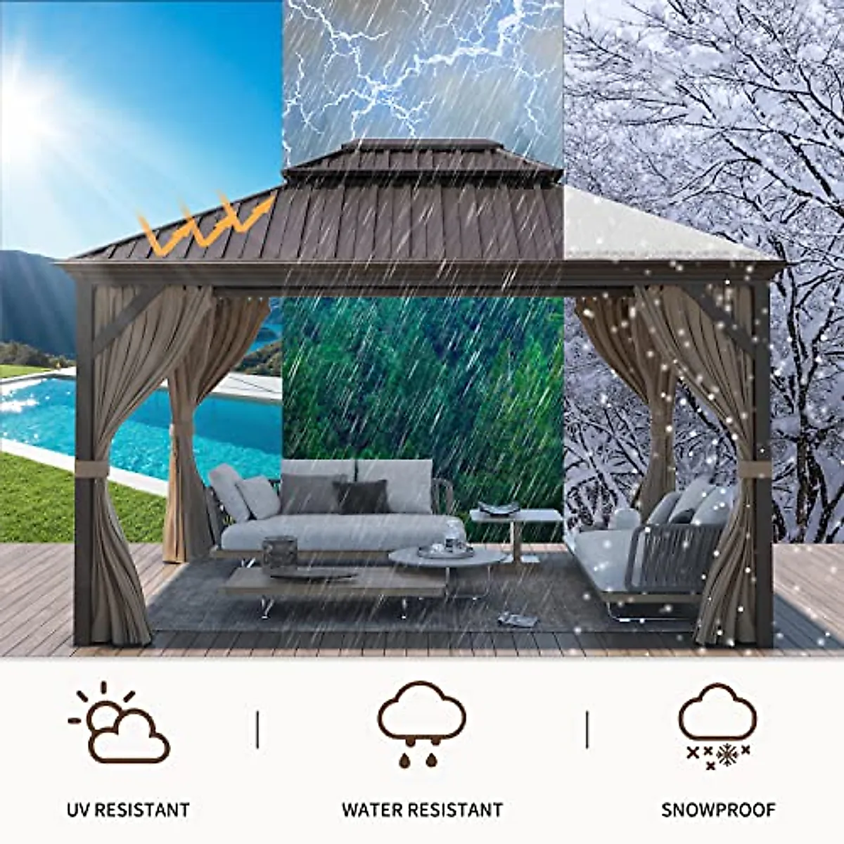 Erinnyees 12' X 14' Hardtop Gazebo,Galvanized Steel Double Roof with Mosquito Net and Shaded Curtains for Patio, Deck, Lawns, Backyard