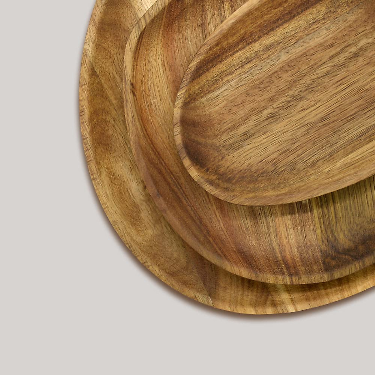 MELELES Acacia Wood Dinner Plates,Wooden Trays Sets of 5,Easy Cleaning & Lightweight for Snacks,Desserts,Fruit,Salads,Unbreakable Oval Charger Plates for Housewarmings,Christmas Gifts