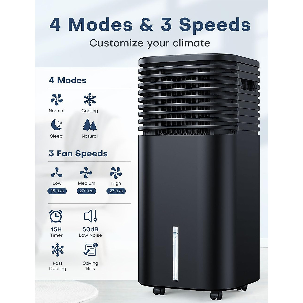 CENSTECH 4-IN-1 Portable Air Conditioners, Evaporative Air Cooler w/4 Modes & 3 Speeds, 15H Timer for Smart Auto-off, 2-Gal Tank for 20H Cooling,17FT Remote,No Hose Needed,120°Oscillating Swamp Cooler