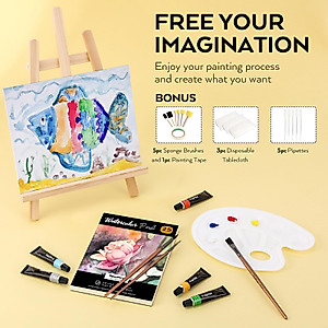 Nicpro 60 PCS Art Paint Set for Kids & Adult, Washable Watercolor Sip Painting Supplies Kit for Beginner with 24 Tube Water Color Paint, 8 Brushes,12 Canvas, Smock, 25 Papers Easel Sponge Palette Bag