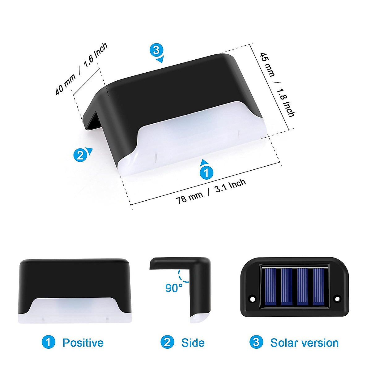 Phenas Solar Deck Light Outdoor Solar Fence Light Energy Saving Solar Step Light with Auto Working Mode Waterproof LED Solar Stair Light for Railing Deck Patio Yard Pathway Garden Decor, Black