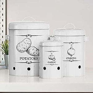Houseables Potato Storage, Onion Bin, Garlic Container, 6"x4", 10"x9", 9"x6", Set of 3, Metal, White, Vegetable Keeper, Potatoes Basket, Kitchen Pantry Canister, Countertop Veggie Holder, Rustic