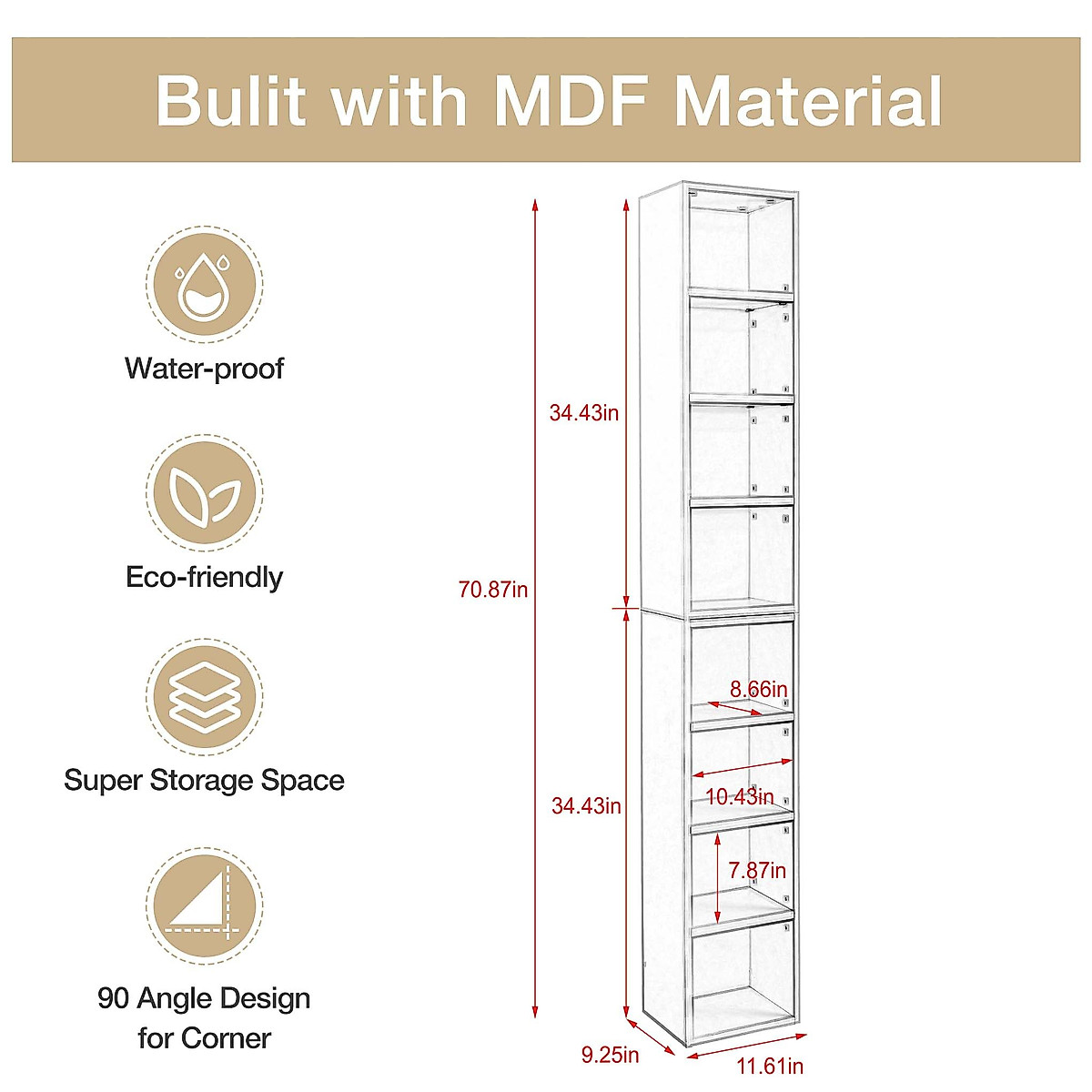 BOLGTO 70.9-inch Tall Narrow Bookcase, 8-Shelf Display Bookshelf with Adjustable Shelves Multi-Functional Floor Standing Display Storage Cabinet Home Decor Furniture for Home Office Living Room,Black
