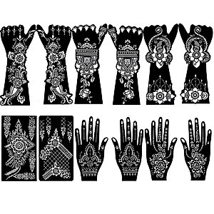 QSTOHENA 12 Sheets Large Henna Tattoo Stencils Kit,Reusable Self Adhesive Tattoo Template For Women Girls Hand Body Paint Indian Arabian Tattoo Stickers