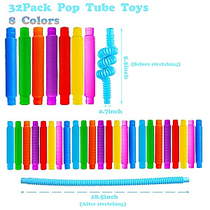 32Pack Pop Tubes, Fidget Tubes for Children and Adult Sensory Fidget Toy Set for Stress and Anxiety Relief Educational Learning Toys for Kids