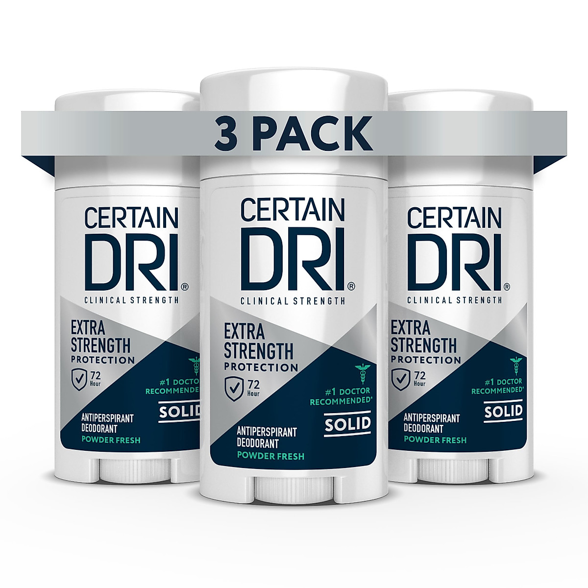 Certain Dri Extra Strength Clinical Antiperspirant Solid Deodorant, Hyperhidrosis Treatment for Men & Women, Long-Lasting 72hr Protection, Effective Sweat Control, Powder Fresh Scent, 1.7oz, 3 Pack