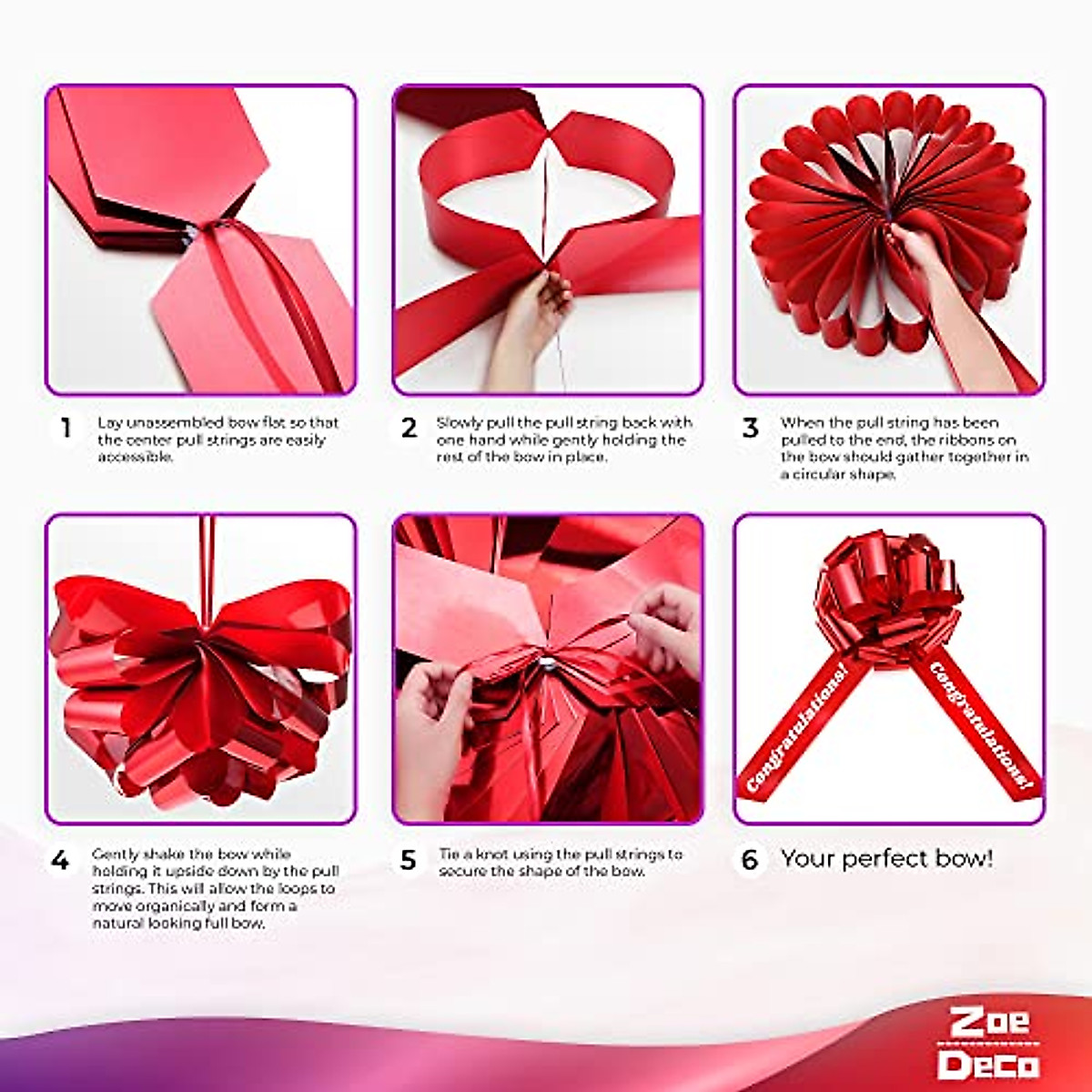 Zoe Deco Congratulations Car Bow (Red, 30 inch), Giant Gift Bow Pre-Printed with Congratulations, Big Bow for Car, Birthday Bow, Huge Car Bow, Car Bows, Big Bow for Gifts, Bow for Cars, Gift Wrapping