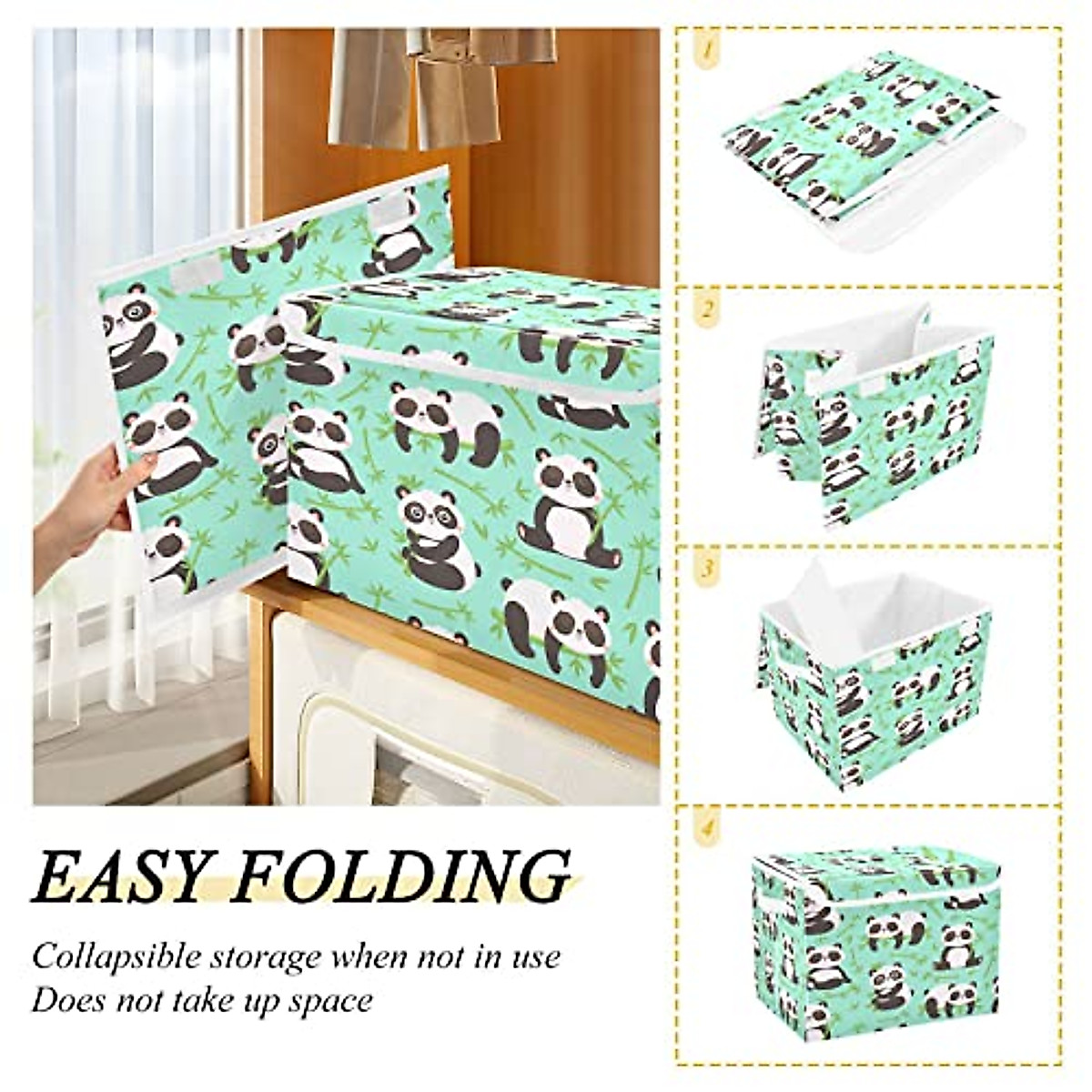 Kigai Panda and Bamboo Storage Basket with Lid,Collapsible Storage Box Fabric Storage Bin for Closet,Office,Bedroom,Nursery