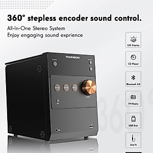 THOMSON Bluetooth Home Stereo System, 60W HiFi Shelf Stereo System with CD Player & Wireless Bluetooth Audio Streaming, FM Radio, USB Playback, Aux-in & Earphone Jack, Remote Control
