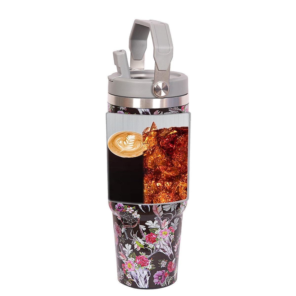 JIU HONG CHAO 30 oz Cow Skull flower Travel Tumbler with Straw Lid, Stainless Steel Floral Travel mug with Handle Insulated Cup West Mother's Day Gifts for Women Mom (Black Bullskull, 30 OZ)