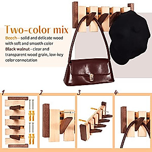 2 Pcs Wood Coat Piano Hooks with 4 Flip Down Hooks Decorative Wooden Wall Mounted Rack Hooks Handmade Natural Walnut Wood and Beech Artwork Coat Hangers Multi Rack for Towel Hat Key Scarfs Purses Bag