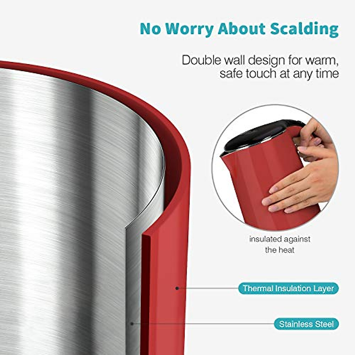 Secura SWK-1701DB The Original Stainless Steel Double Wall Electric Water Kettle 1.8 Quart, Red