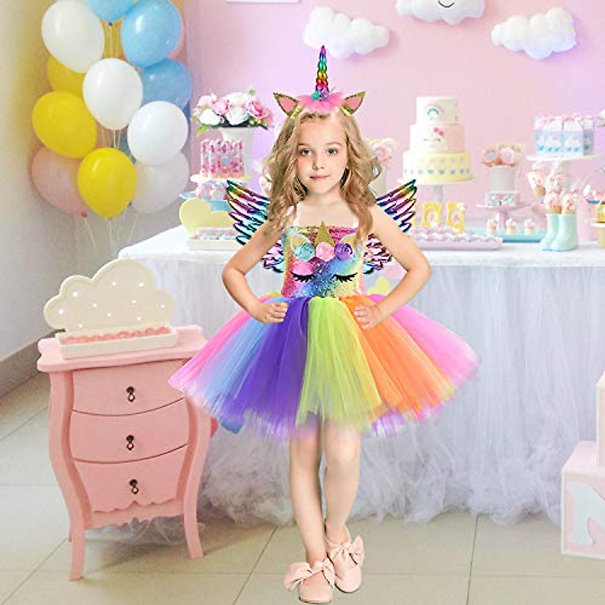 Suppromo Unicorn Costume for Girls Halloween Rainbow Tutu Dress for Princess Girls Birthday Party Outfit for Toddler Baby 4-6 Years with Headband