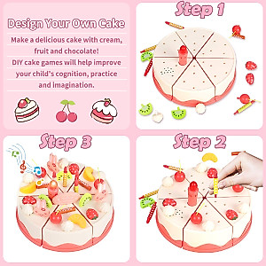 GILOBABY Birthday Cake Toy with Lights & Birthday Music, Pretend Play Cutting Food Kitchen Toy with Tea Set Bread Roll, Chocolate, Sandy & Dessert, Gift for Girls Boys 3 4 5 Year Old (82 PCS)