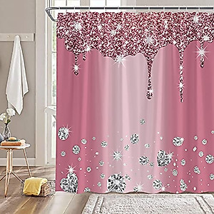 DSMEUE Glitter Diamond 4 Piece Shower Curtain Sets with Rugs，Pink Silver Shiny Drips Falling Bling Women Girl (No Glitter) 70" x 70" Bathroom Curtain and 17.8"x29.5" Bath Mat,Toilet Cover, U-Shaped