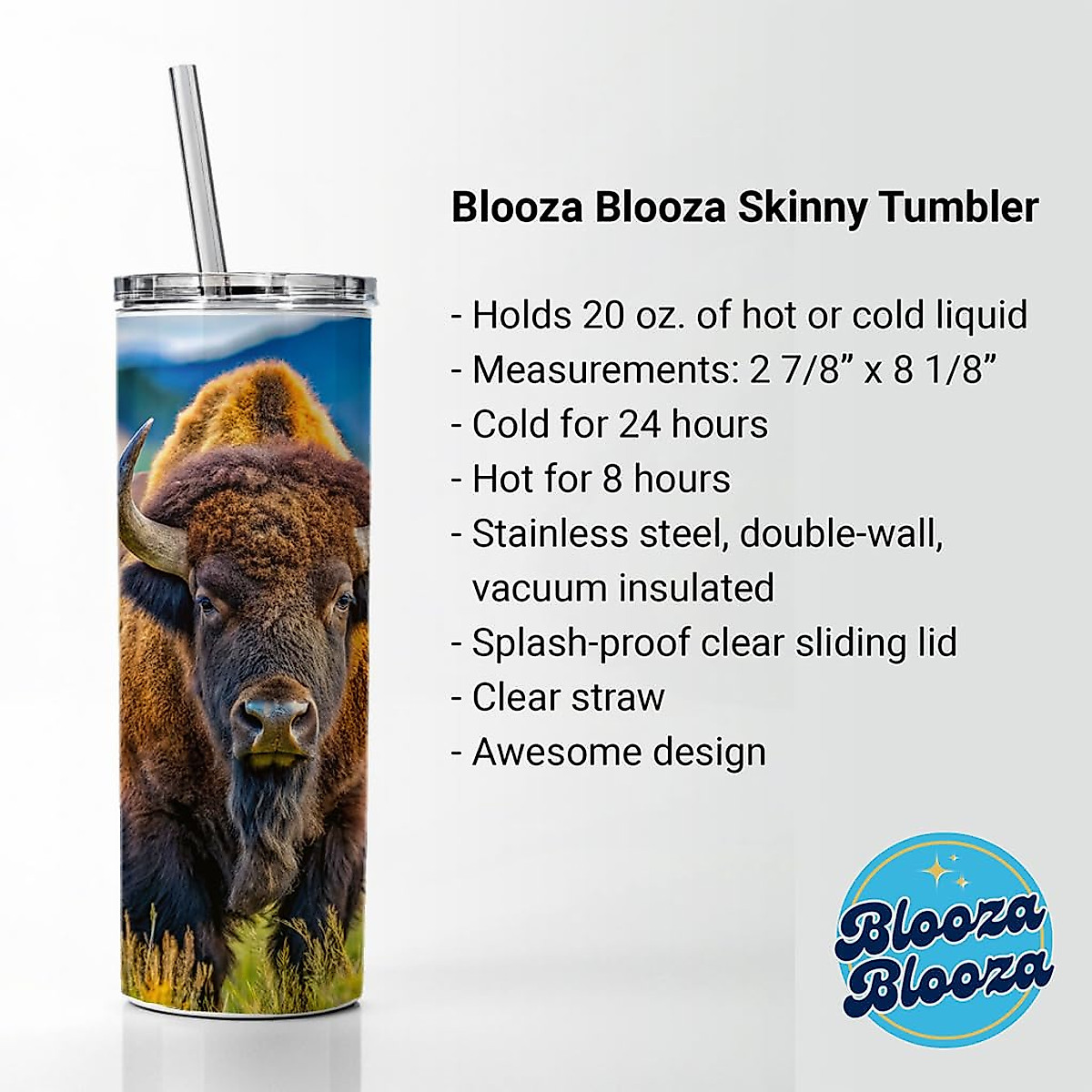 Bison Buffalo Skinny Tumbler 20oz with Straw Insulated Water Bottle Gift