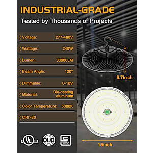 480V UFO LED High Bay Light 240W/200W/150W Adjustable, UL & DLC Listed 5000K Daylight, 33600LM 0-10V Dimmable High Bay Lights IP65 Commercial Bay Lighting Fixture AC277-480V for Warehouse (9 Pack)