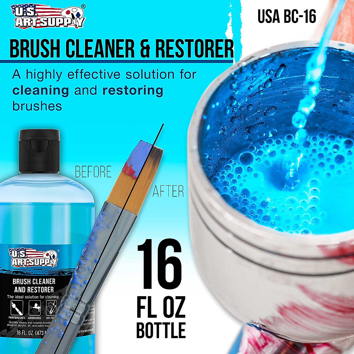 U.S. Art Supply Brush Cleaner and Restorer, 4 Ounce Bottle - Quickly Cleans Paint Brushes, Airbrushes, Art Tools - Cleaning Solution to Remove Dried On Acrylic, Oil and Water-Based Paint Colors