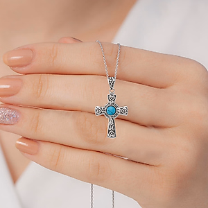 JewelryWeb - 925 Sterling Silver Oxidized Simulated Turquoise Cross Pendant - 20mm x 32mm - Artisan Cross Necklace - Handmade Cross Necklace - Christian Jewelry