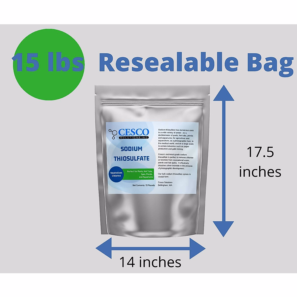 Sodium Thiosulfate Pentahydrate 15 lbs by Cesco Solutions - for Pools, Aquarium, Pond - Technical-Grade for Hot Tubs