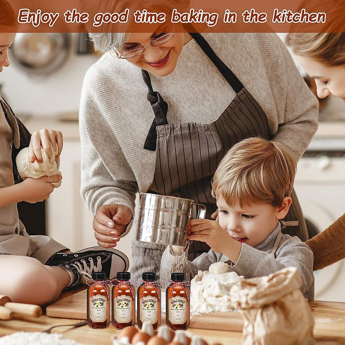 Uiifan 8 Pcs Vanilla Extract Bottles Boston Round Bottles with Caps Glass Bottle and 8 Pcs Vanilla Extract Labels Stickers for Syrup Gift Glass Food Storage Canister Set Sauce Beans (4 oz)