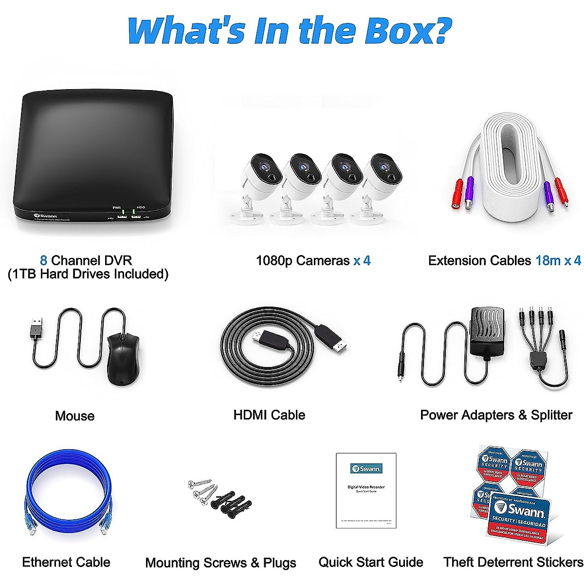 Swann Home DVR Security Camera System with 1TB HDD, 8 Channel 4 Camera, 1080p Full HD Video, Indoor or Outdoor Wired Surveillance CCTV, Heat and Motion Detection, 845804