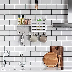 PINPON Wall Mounted Mail Holder Wood Key Holder and Mail Sorters with 6 Hooks Wall Key Hanger Letter Bills Magazine Organizer Rack for Farmhouse Entryway Hallway Office, Rustic White