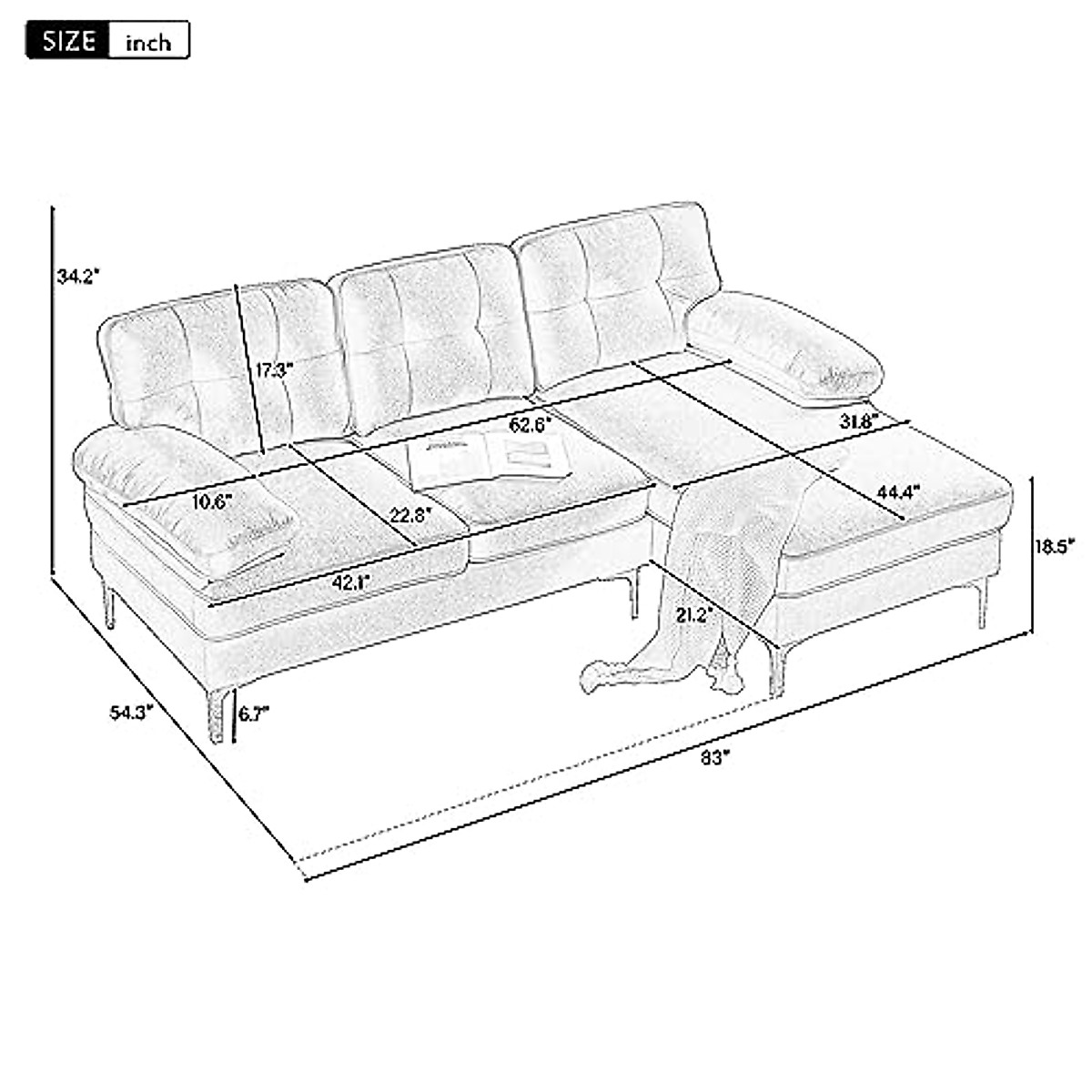 Polibi 83" L-Shape Convertible Sectional Sofa Set with Chaise Lounge, Metal Legs and Button Tufted, 3-Seat Couch for Living Room, Blue