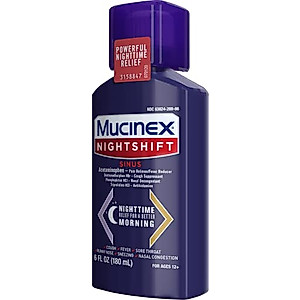 Mucinex Nightshift Sinus, Cold And Flu Cough Medicine For Adults, Powerful Nighttime Sinus Medicine For Sinus Relief, Sore Throat Relief, Cough Suppressant & Nasal Decongestant For Adults, 6 Fl Oz