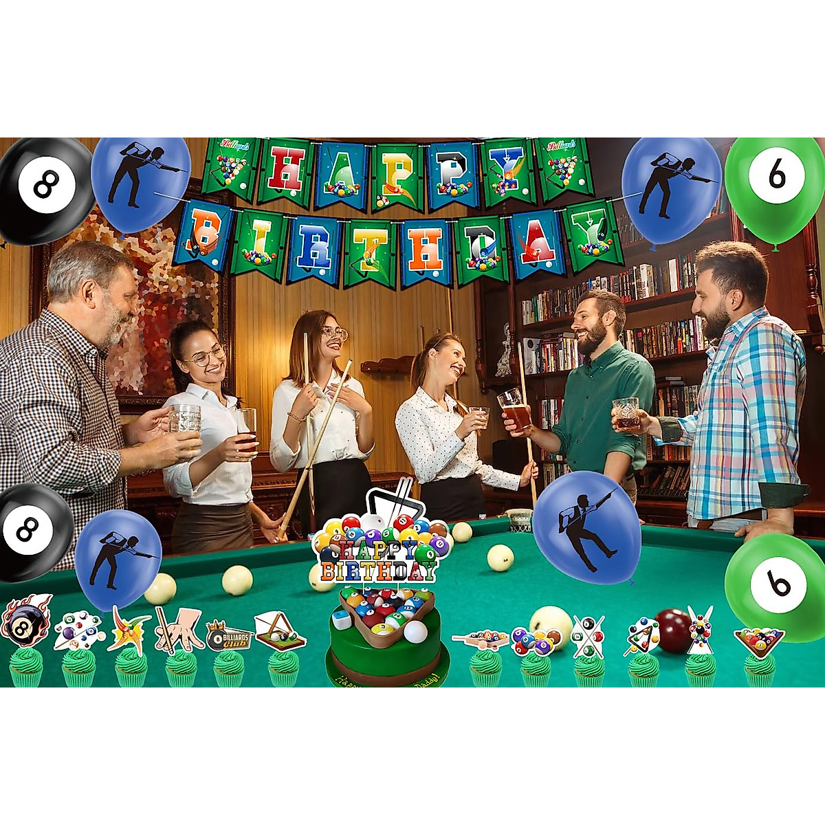 Billiards Party Decorations Billiards Birthday Party Supplies Includes Billiards Happy Birthday Banner, Cake Topper, Cupcake Toppers, Balloons for Billiards Theme Party Sports Party