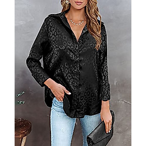 BTFBM Women's Satin Button Down Shirts Roll Up Long Sleeve Lapel V Neck Loose Casual Work Summer Fall Blouse Tops 2023(Leopard Black, Small)