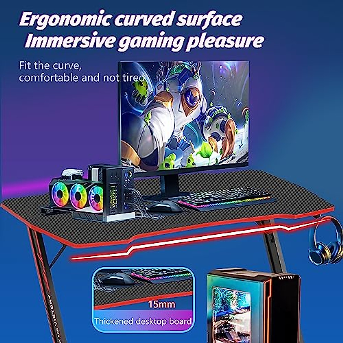 BestOffice Computer Desk Z Shaped Workstation Ergonomic Table with Headphone Hook for Game Players (39inch, RED)