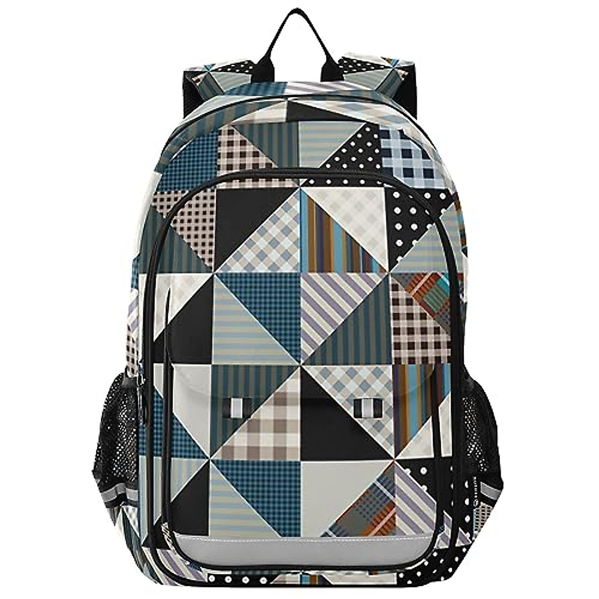 ODAWA Patchwork Geometric Pattern Kids School Backpack with Reflective Strips Laptop Bookbag for Women Travel Daypack